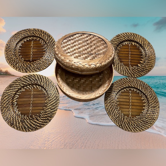 Dining | 4 Rattan Wicker Woven Plate Chargers 125 Basket Holder Tiki ...